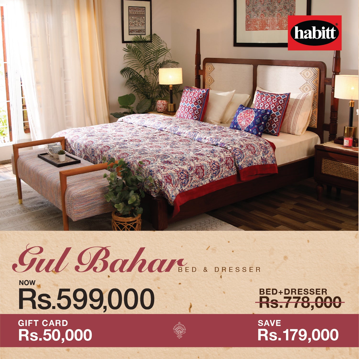 Gul Bahar Bedroom Set – Bed, Dresser & Rs 50,000 Gift Card - Habitt